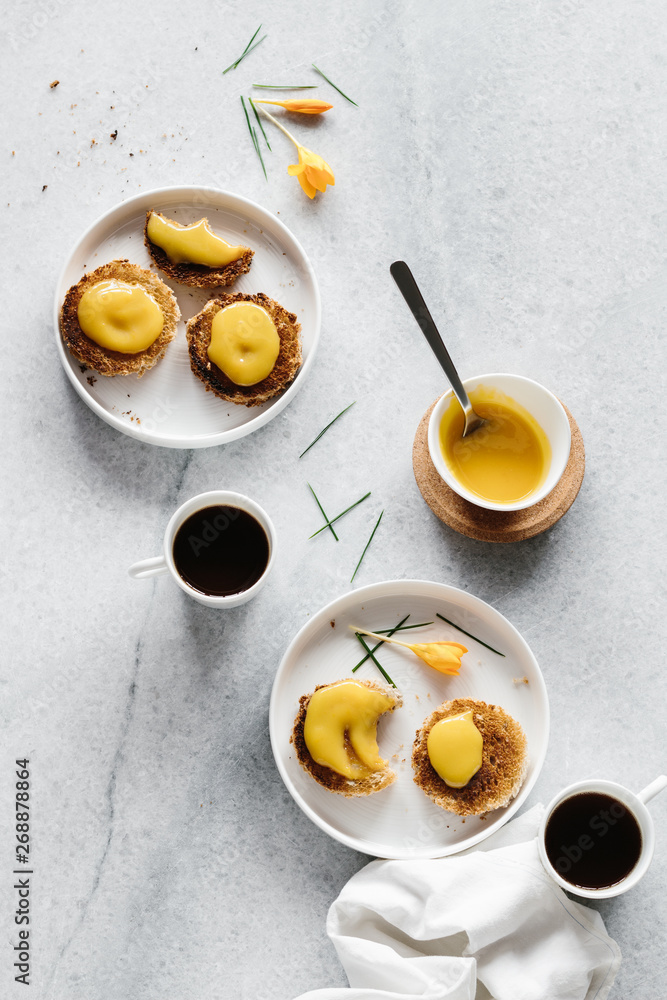 Toast with Lemon Curd and Coffee Stock Photo | Adobe Stock
