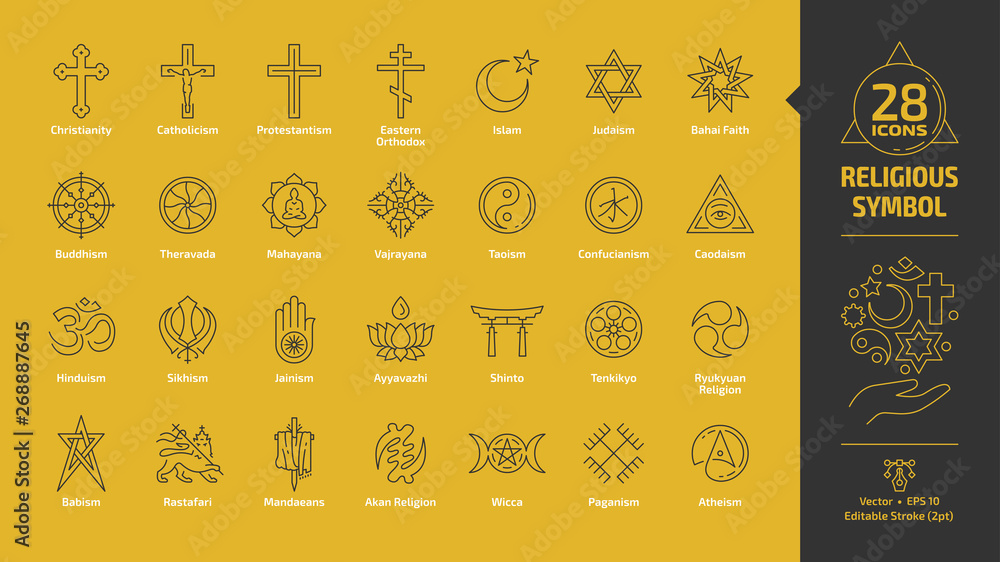 Religious symbol outline icon set on a yellow background with christian ...