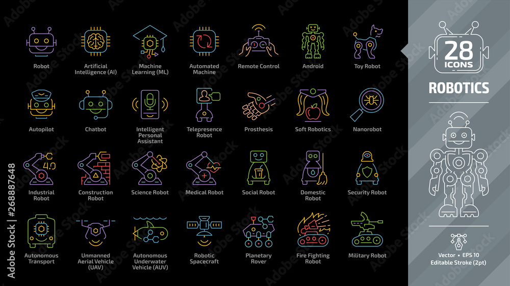 Robotics color outline icon set on a black background with industrial ...