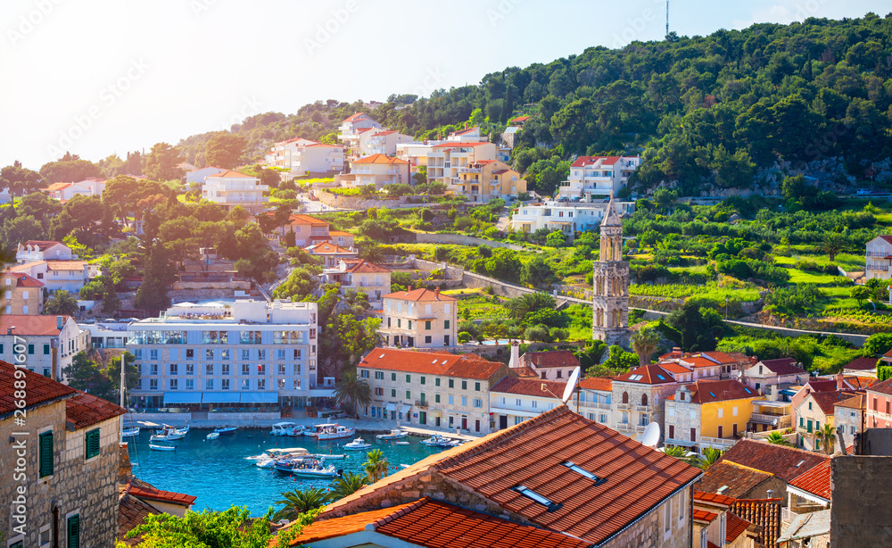 Colorful scenery in mediterranean town Hvar, famous travel place on ...