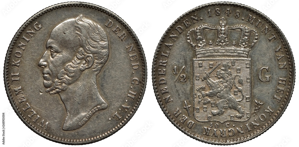 The Netherlands Dutch silver coin 1/2 half gulden 1848, head of King ...