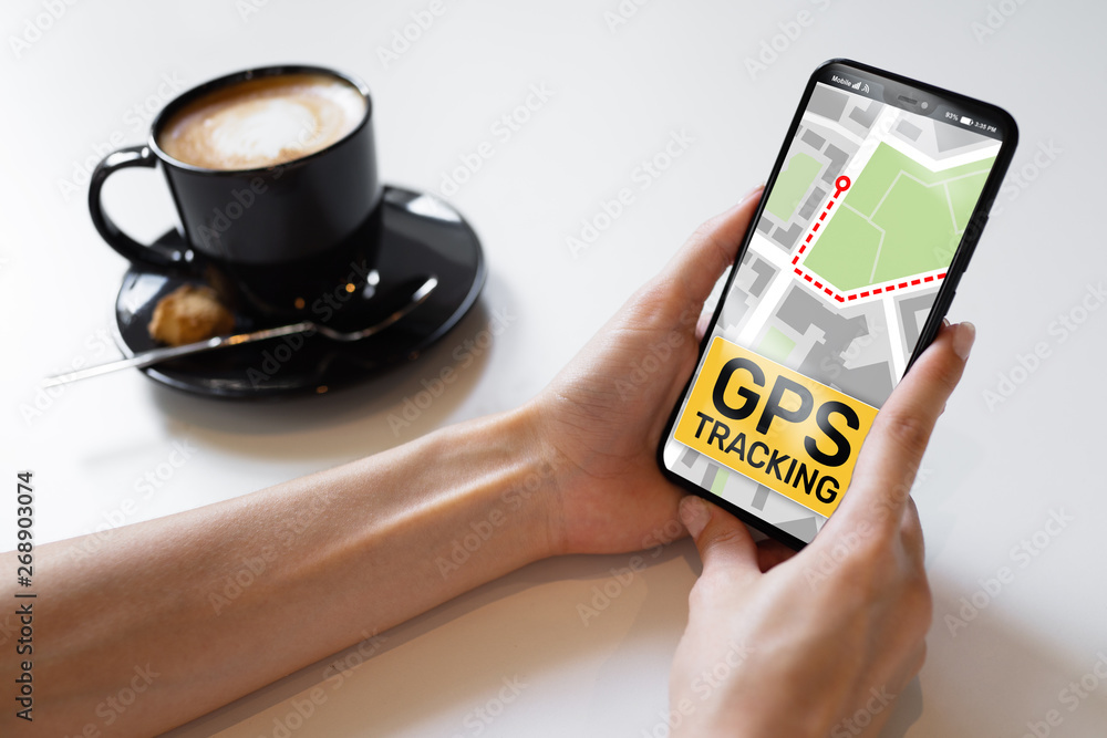 GPS tracking map on smartphone screen. Global positioning system ...