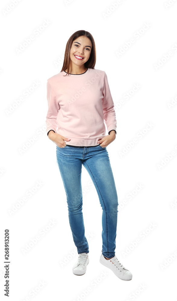 Full length portrait of pretty woman on white background Stock Photo ...