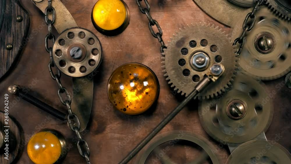 Steampunk, a time machine with rotating gears, a chain, blinking lights ...