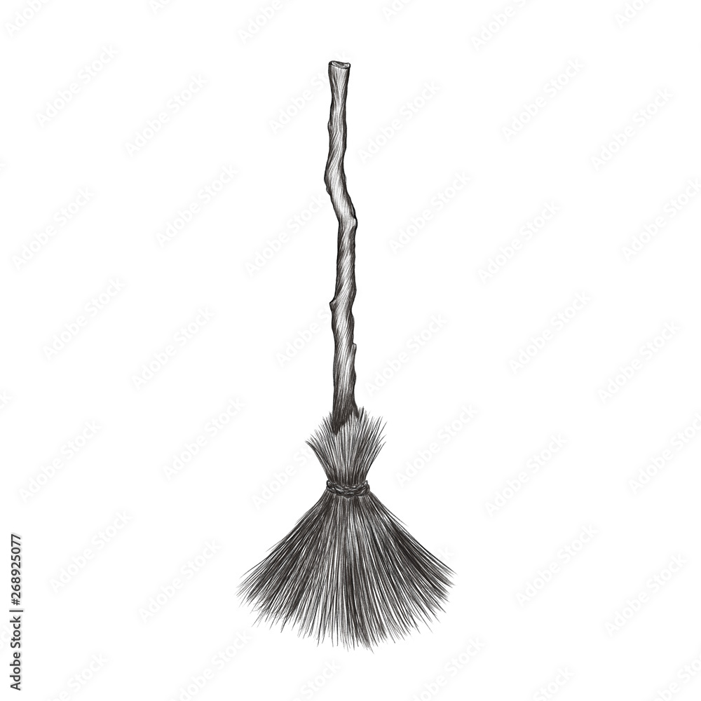 Hand drawn pencil illustration of a broom isolated at white background ...