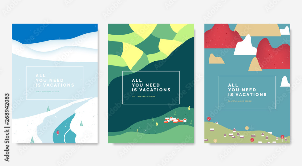 Minimalist landscape poster design, snow mountains, rice fields and ...