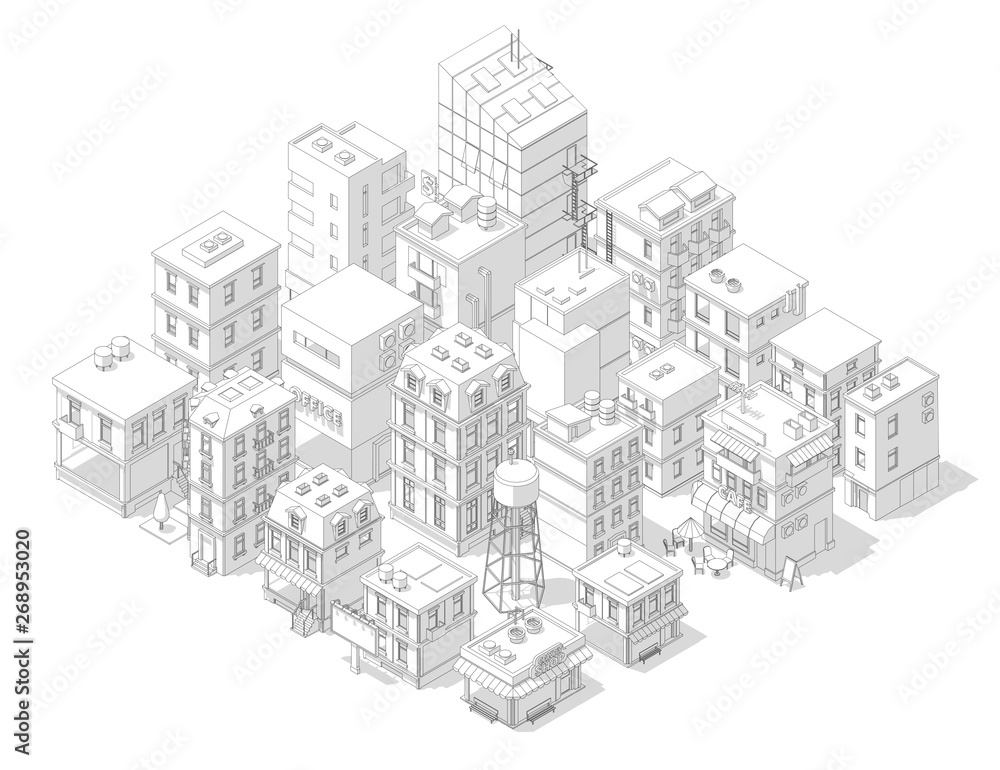 Town street Intersection road. Buildings Isometric top view. Gray lines ...