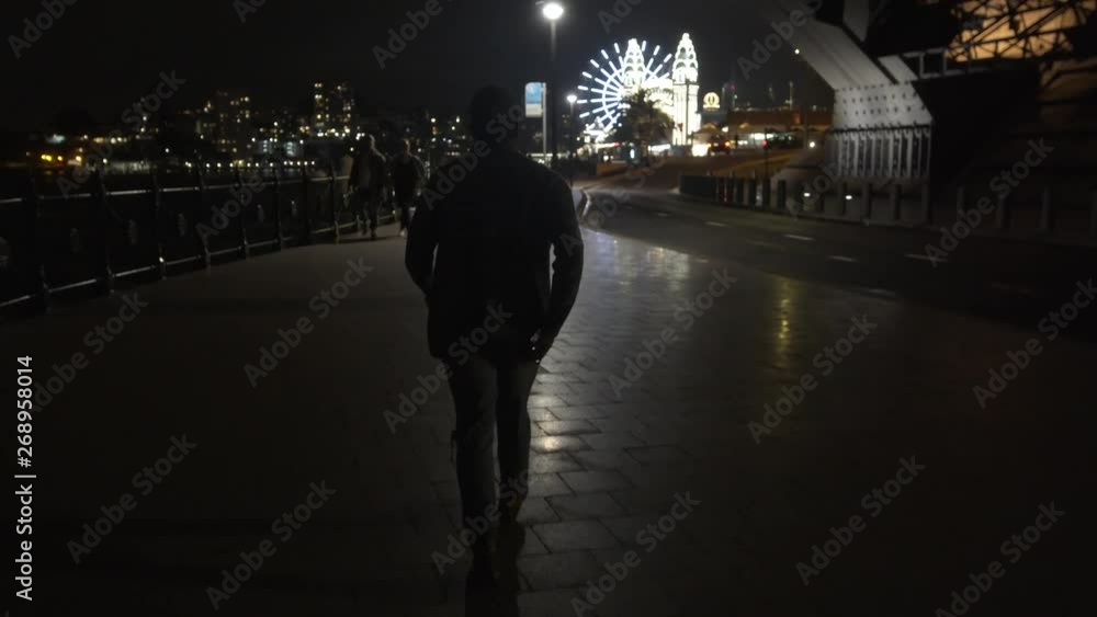 Camera Smoothly Follows Man Walking On Path Towards Theme Park at Night ...