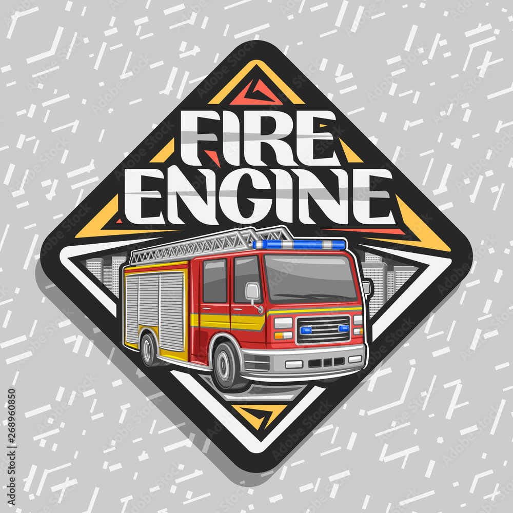 Vector logo for Fire Engine, black decorative label with illustration ...