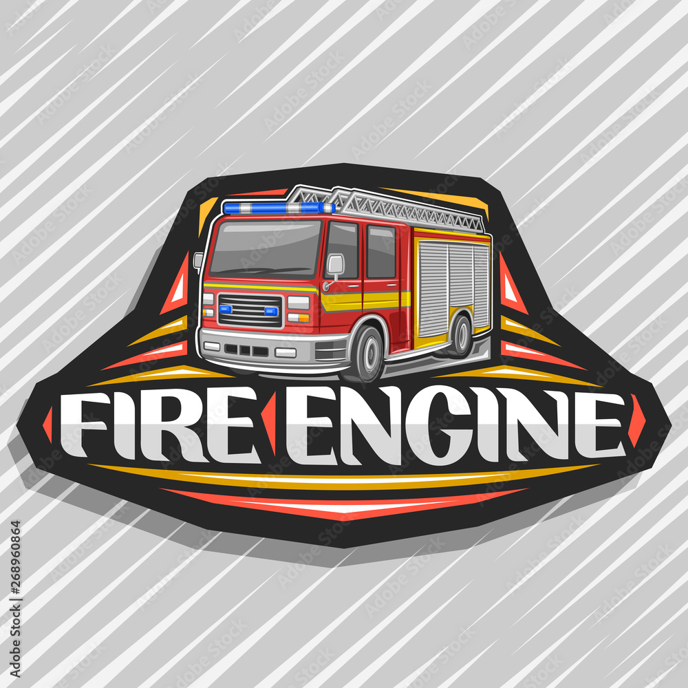Vector logo for Fire Engine, black decorative label with illustration ...