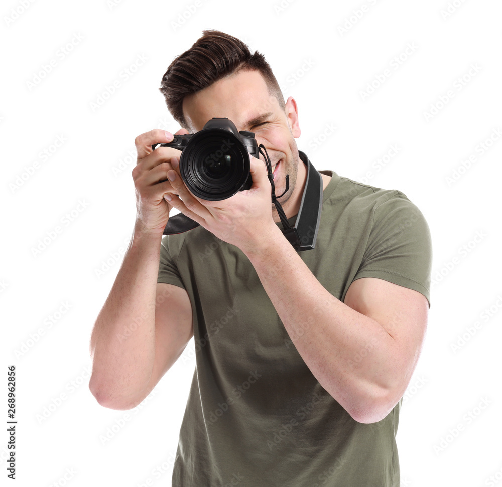 Handsome male photographer on white background Stock Photo | Adobe Stock