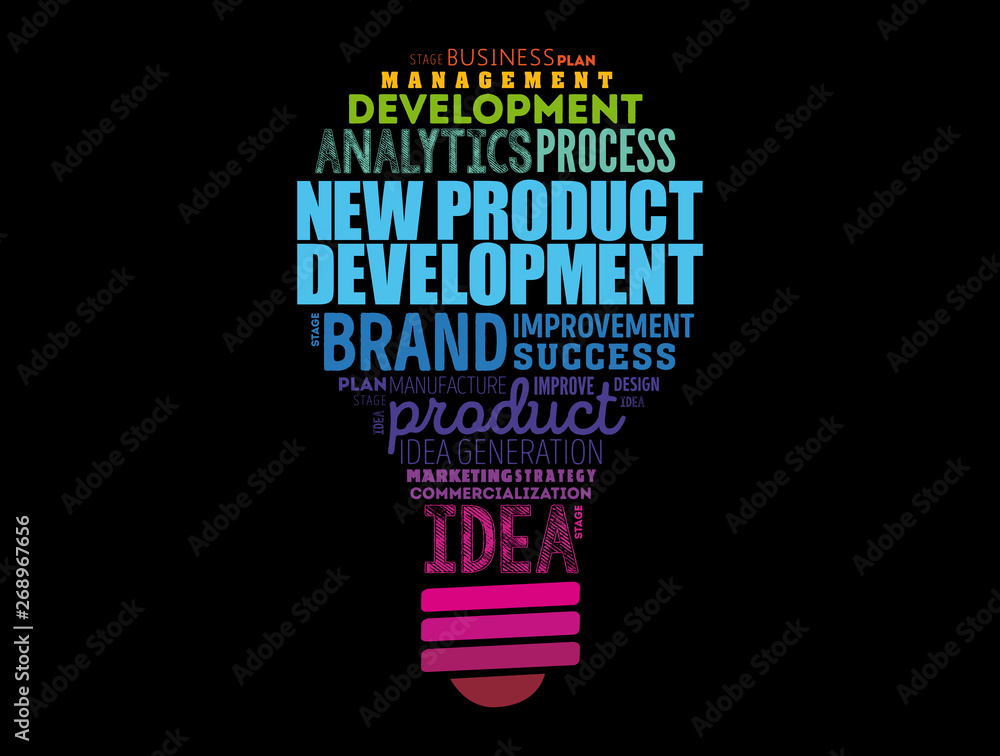 New product development light bulb word cloud collage, business concept ...