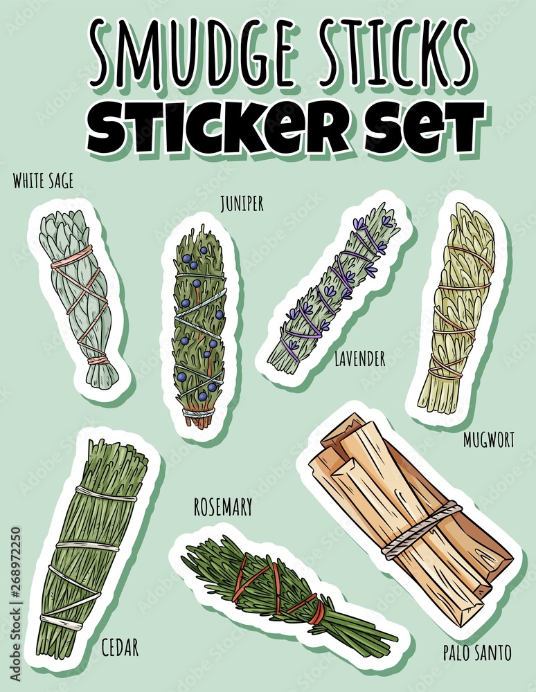Sage smudge sticks hand-drawn sticker set. Herb bundles label ...