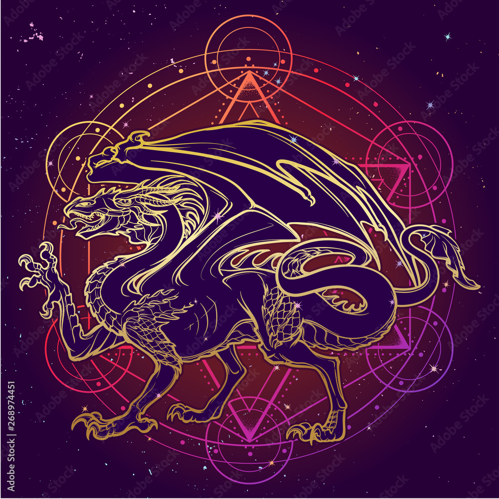 Dragon. Mythilogical winged creature. Sacred geometry sign and a starry ...