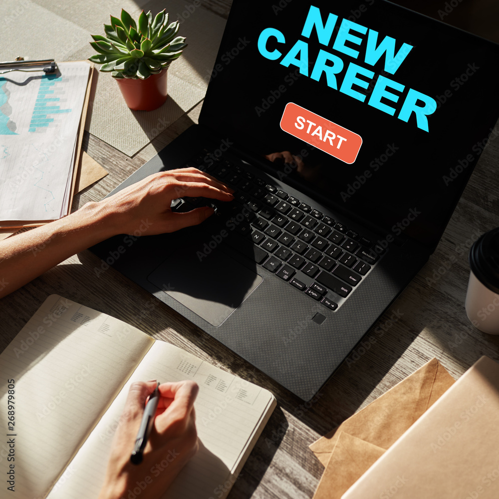 Start new career button on device screen. Recruitment and personal ...