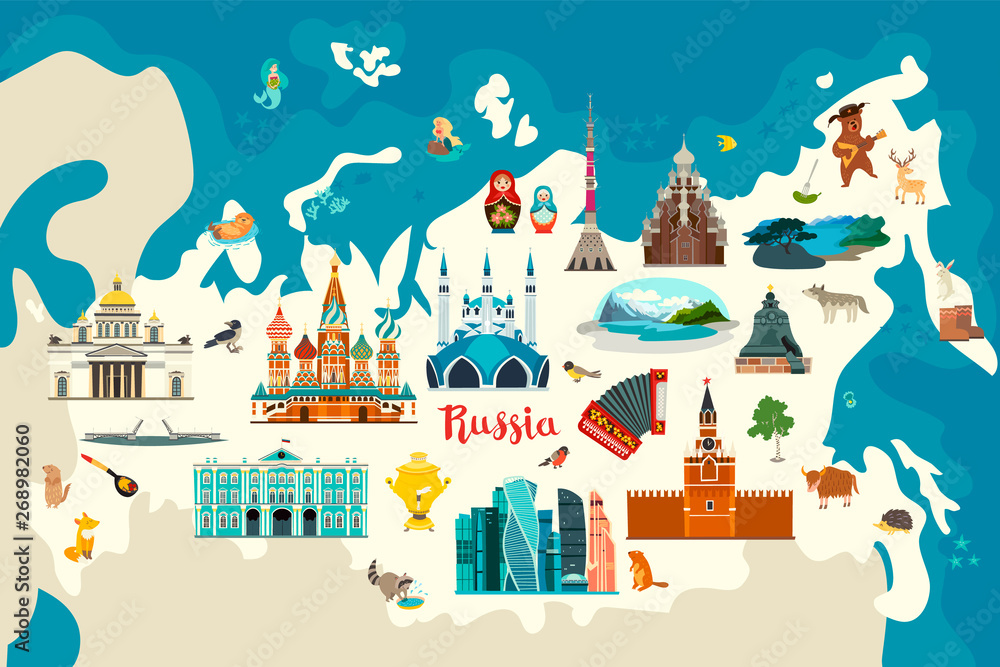 Russia vector map. Children colorful poster. Hand draw atlas with ...