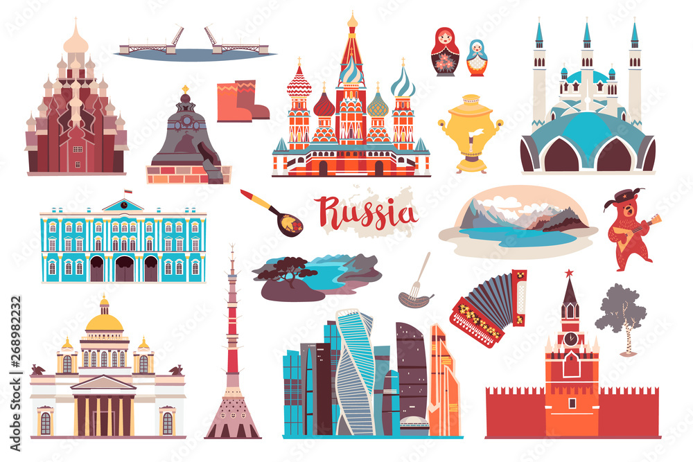 Russia vector landmarks, isolated on white background. .Russia icons ...