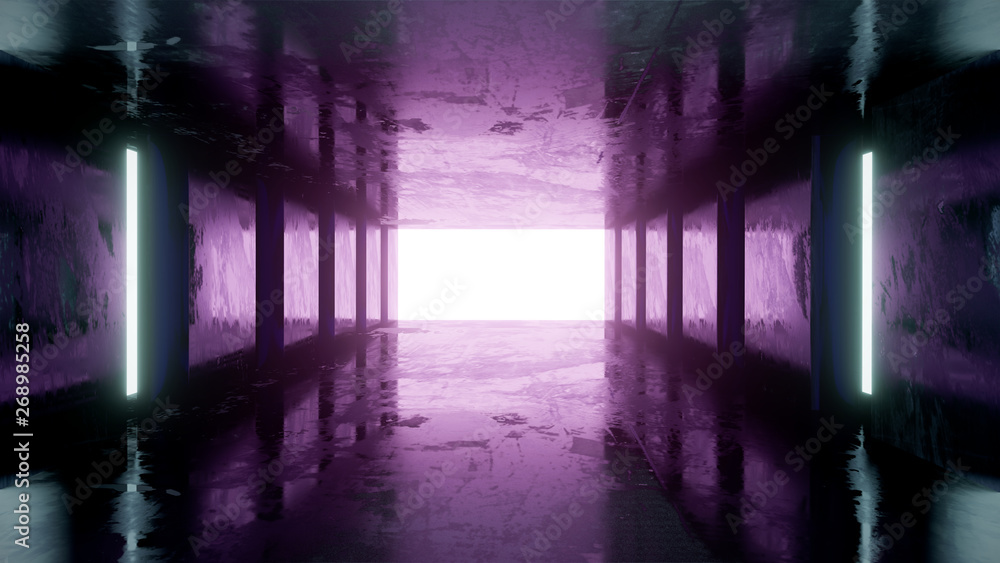 Concrete reflection room Sci fi with blue and pink light, 3d rendering ...