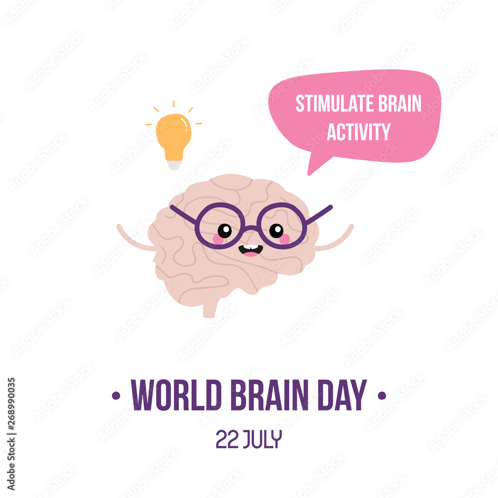Vector illustration for world brain day with cute cartoon style brain ...