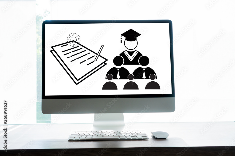 Online education, icon paperwork document sheet and graduated study ...