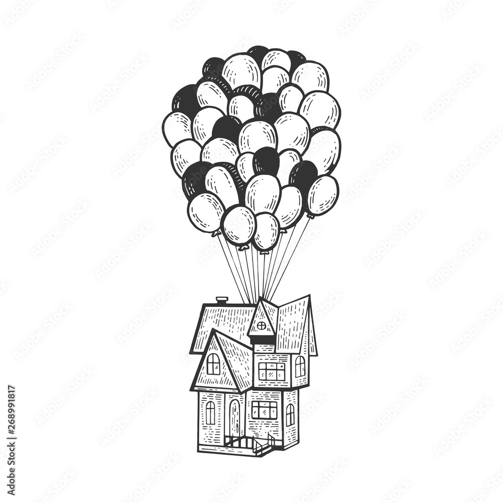 Fantastic fabulous house is flying on air balloons sketch line art ...
