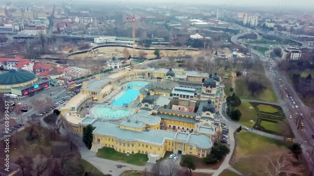 An aerial view of Szechenyi thermal bath with its large pool. The ...