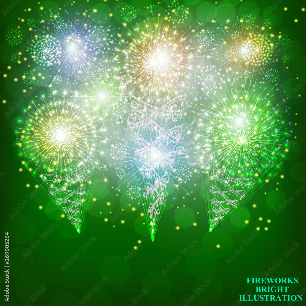 Brightly Green Fireworks. Holiday fireworks background. Illustration of ...