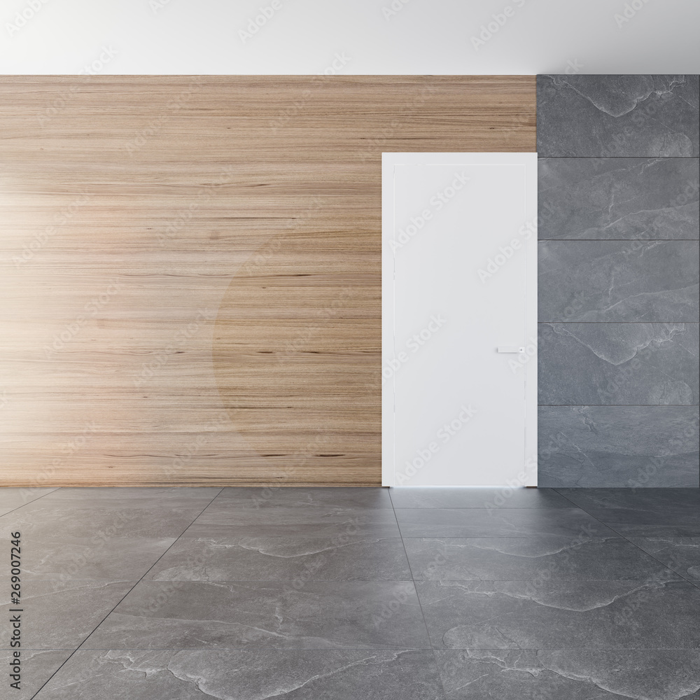 Closed modern door in a room with a stone floor and textured walls ...