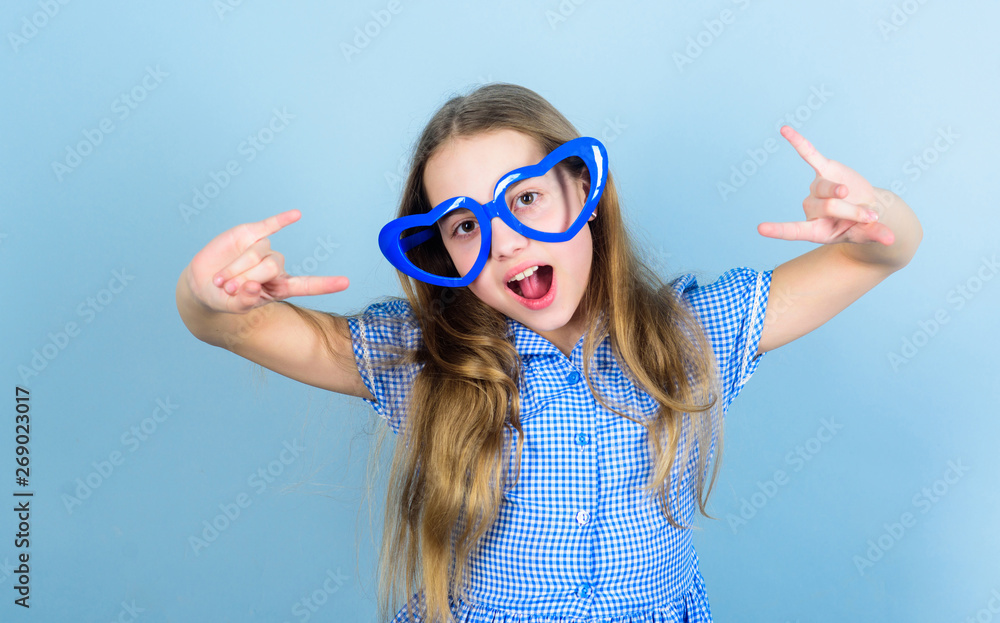 Power of love. Kid girl heart shaped eyeglasses. Girl adorable smiling ...
