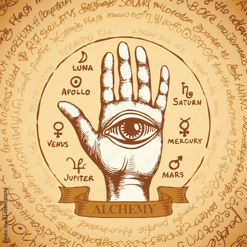 Vector illustration with open hand with all seeing eye symbol. Human ...