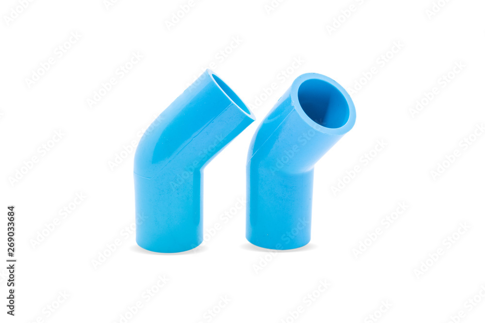 PVC blue pipe elbow 45 degree connect fitting isolated white background ...