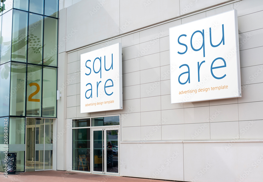2 Square Signs on Building Mockup Stock Template | Adobe Stock