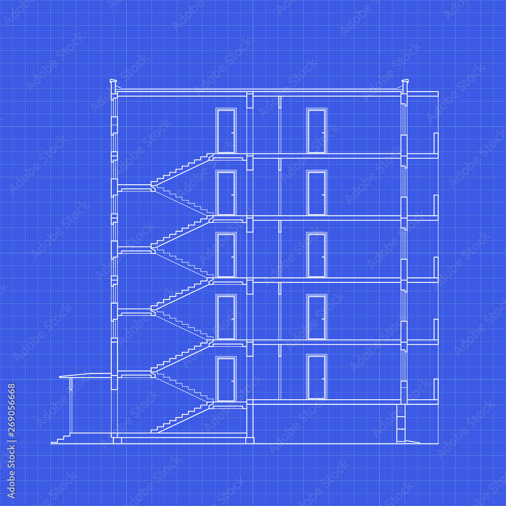 Detailed multi-storey building. Cross-section house. Vector blueprint ...