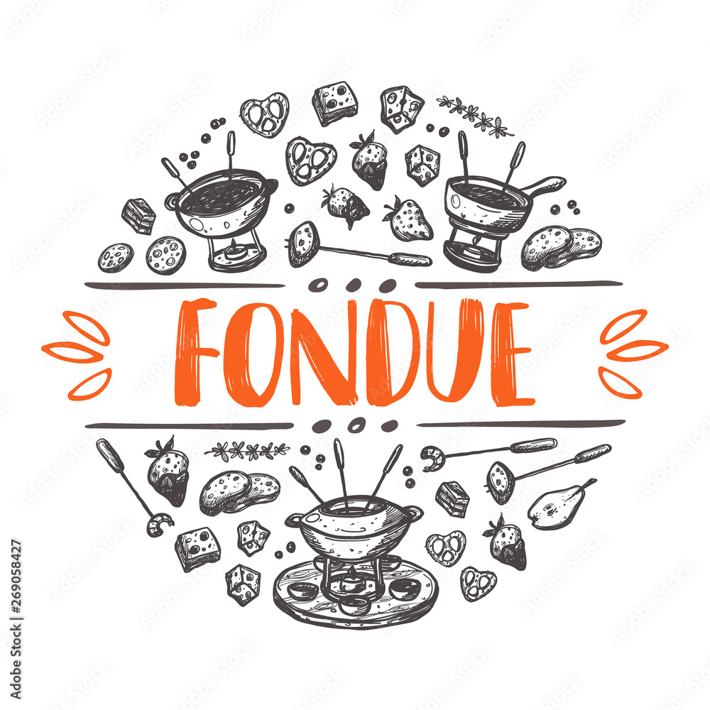 Fondue. Traditional swiss dish. Hand drawn vector illustration. Can be ...