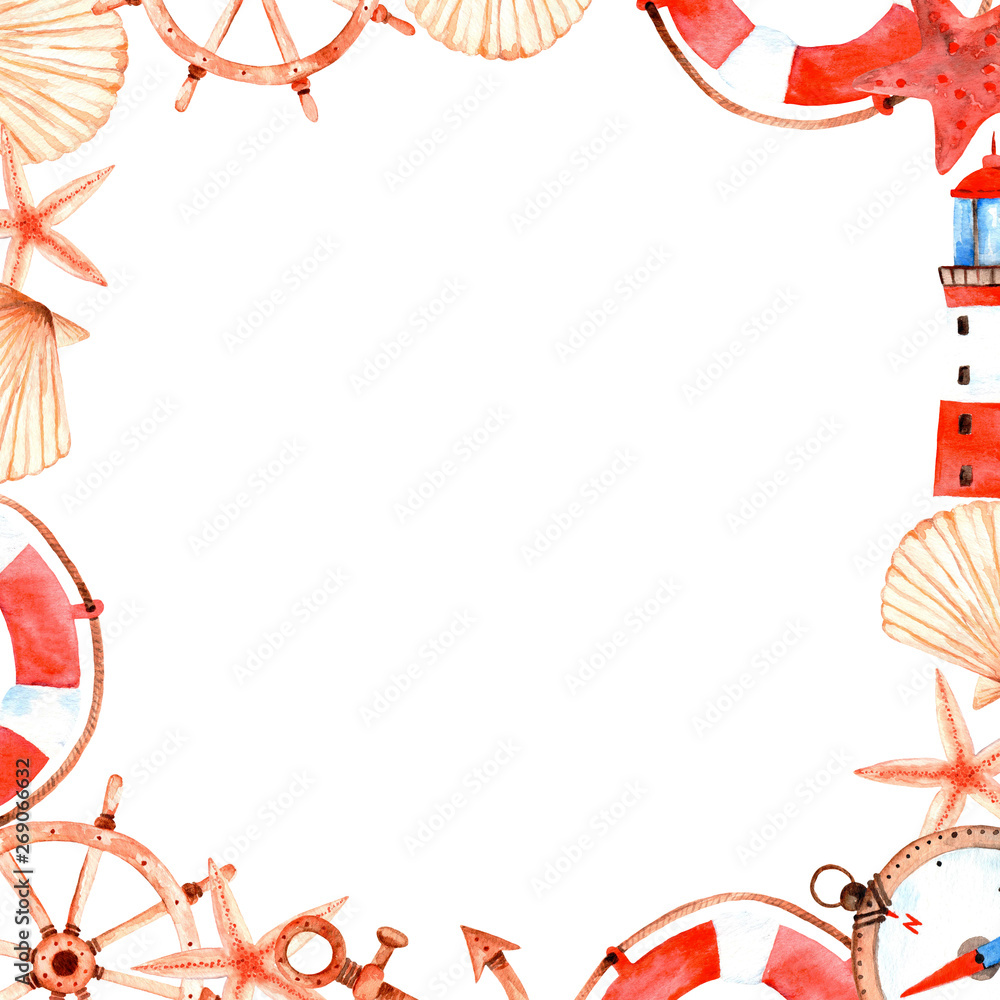 Watercolor sea square frame (border) with seashell (Venus scallop ...