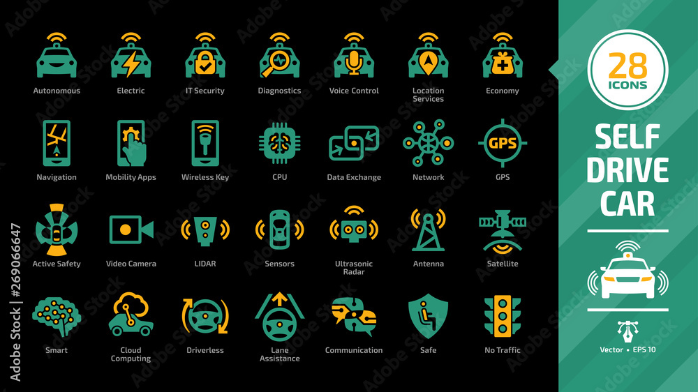 Autonomous car icon set on a black background with driverless self ...