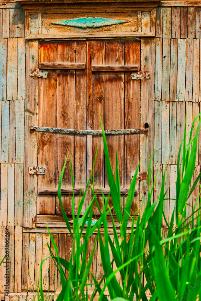 Closed wooden window of slum house front view, shanties detail Stock ...