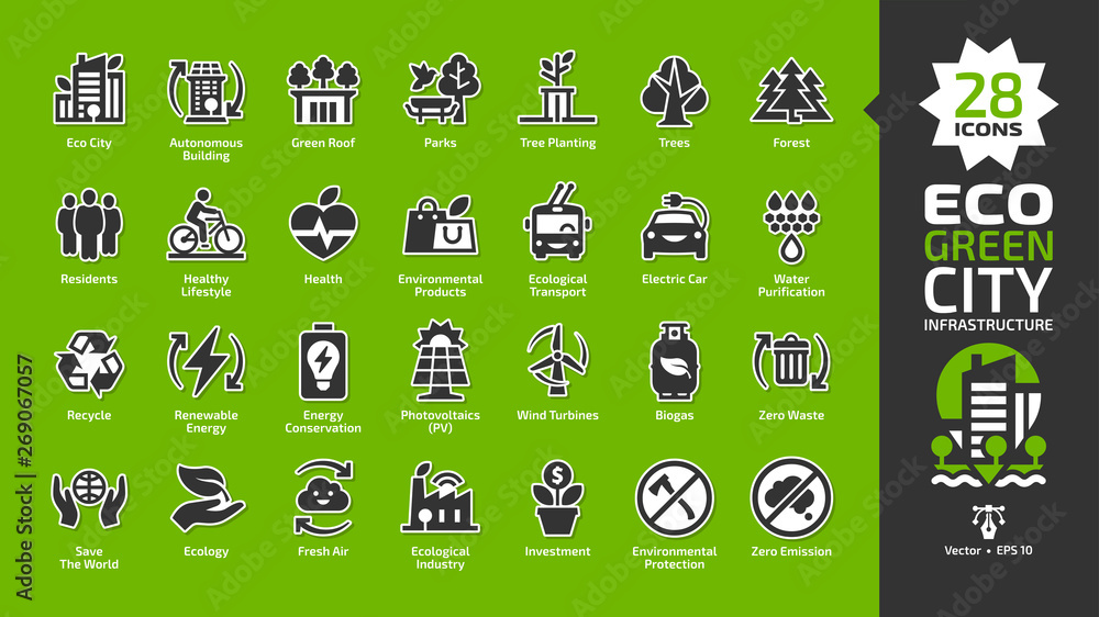 Eco green city icon set with ecology town infrastructure, nature ...