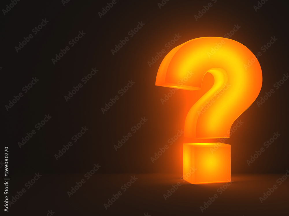 Light question mark standing and glowing in the dark night background ...