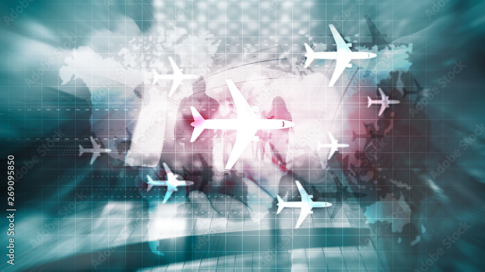 World map with flight routes airplanes. Global Aviation Business ...