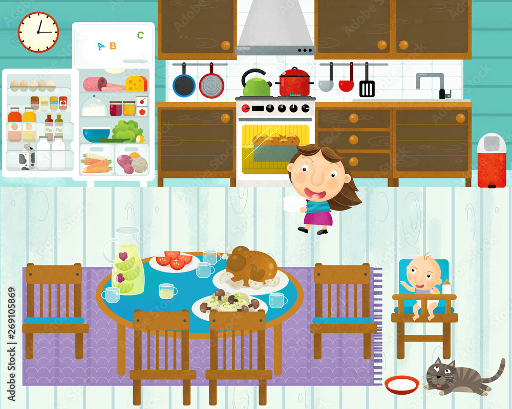 cartoon scene with someone in the kitchen eating and cooking having fun ...