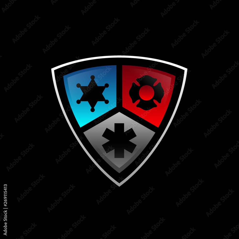 3D Public secure badge emblem logo design with police, medical and ...