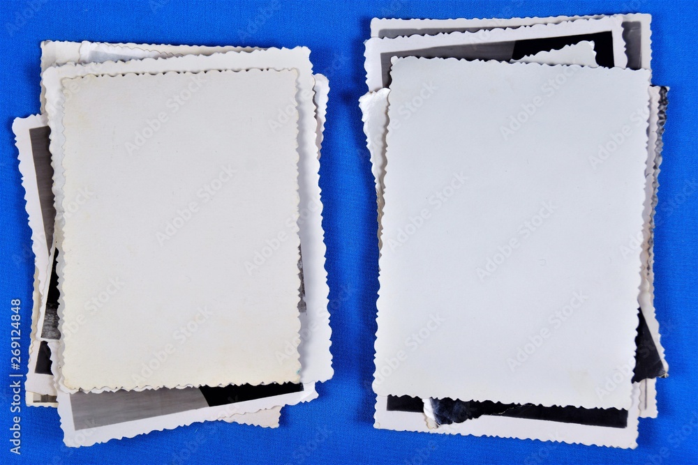 Old photos in a stack, on a creative blue background, frame for design ...