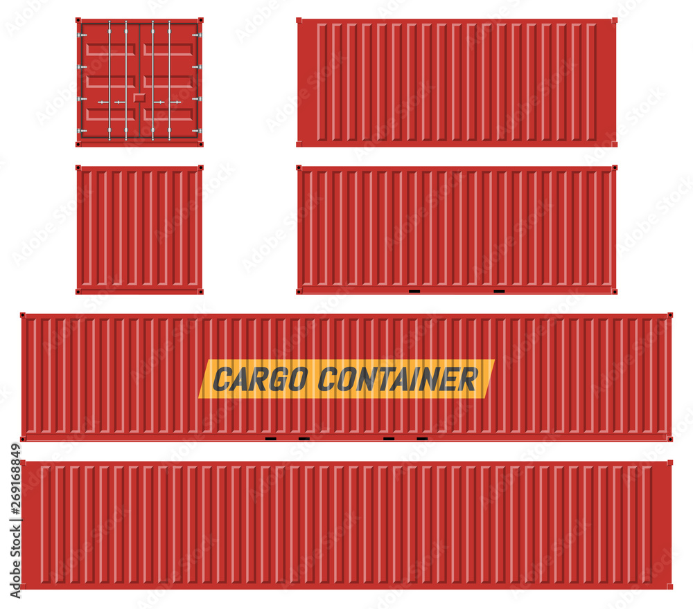Cargo container vector mockup on white background with side, front ...