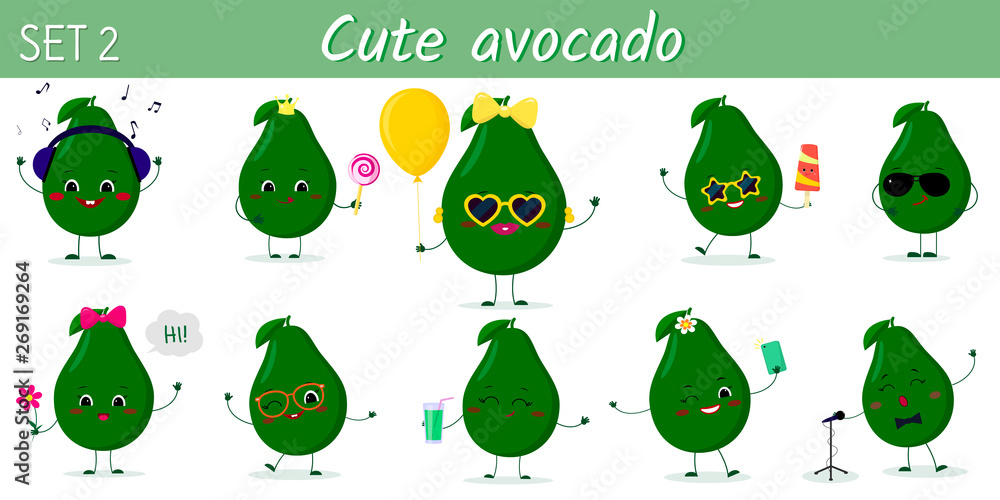 Set of ten cute kawaii avocado fruit characters in various poses and ...