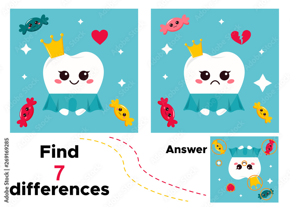 Educational game for children. Kawaii cartoon princess tooth with ...