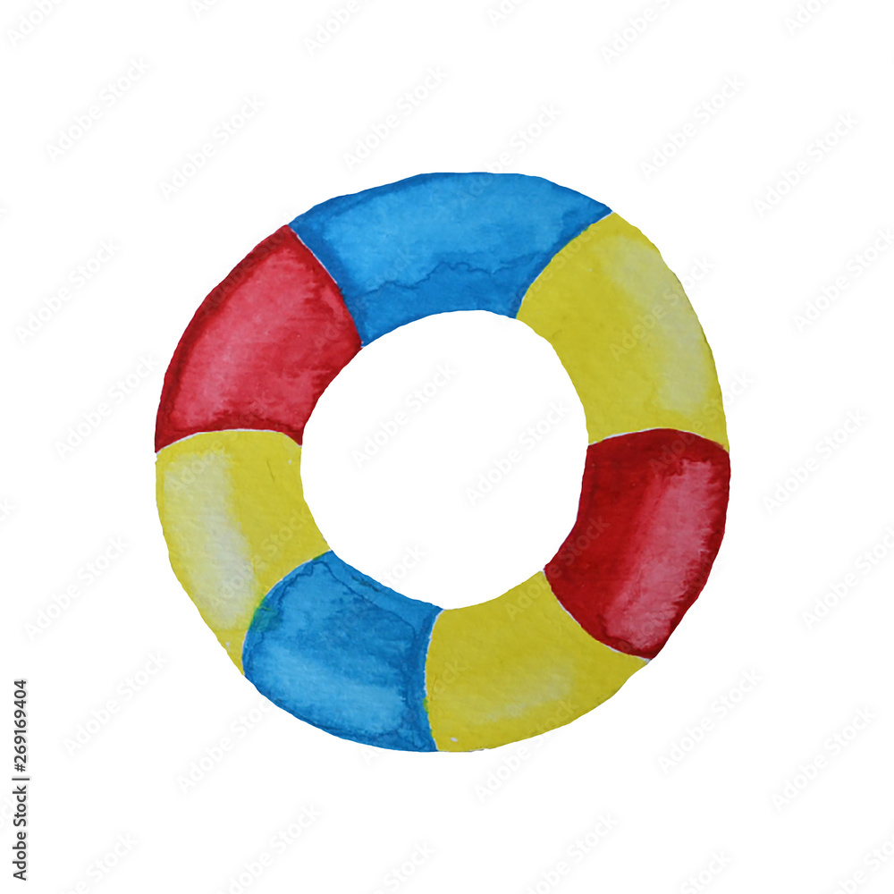 Watercolor hand drawn swim ring (swim float) in bright red, yellow and ...