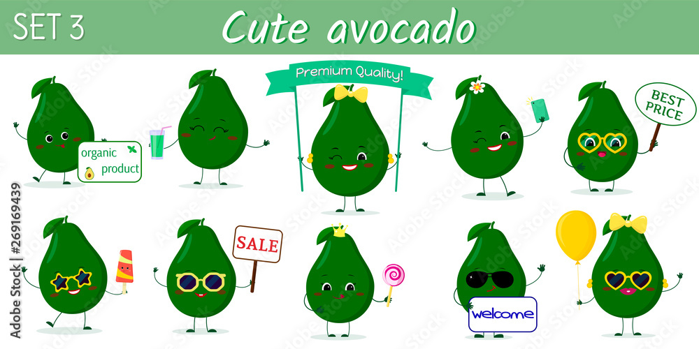 Set of ten cute kawaii avocado fruit characters in various poses and ...