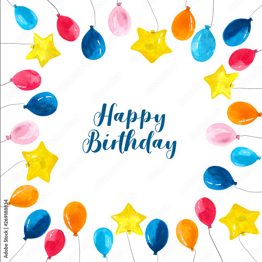 Frame of watercolor air balloons. Happy Birthday square frame. Hand ...