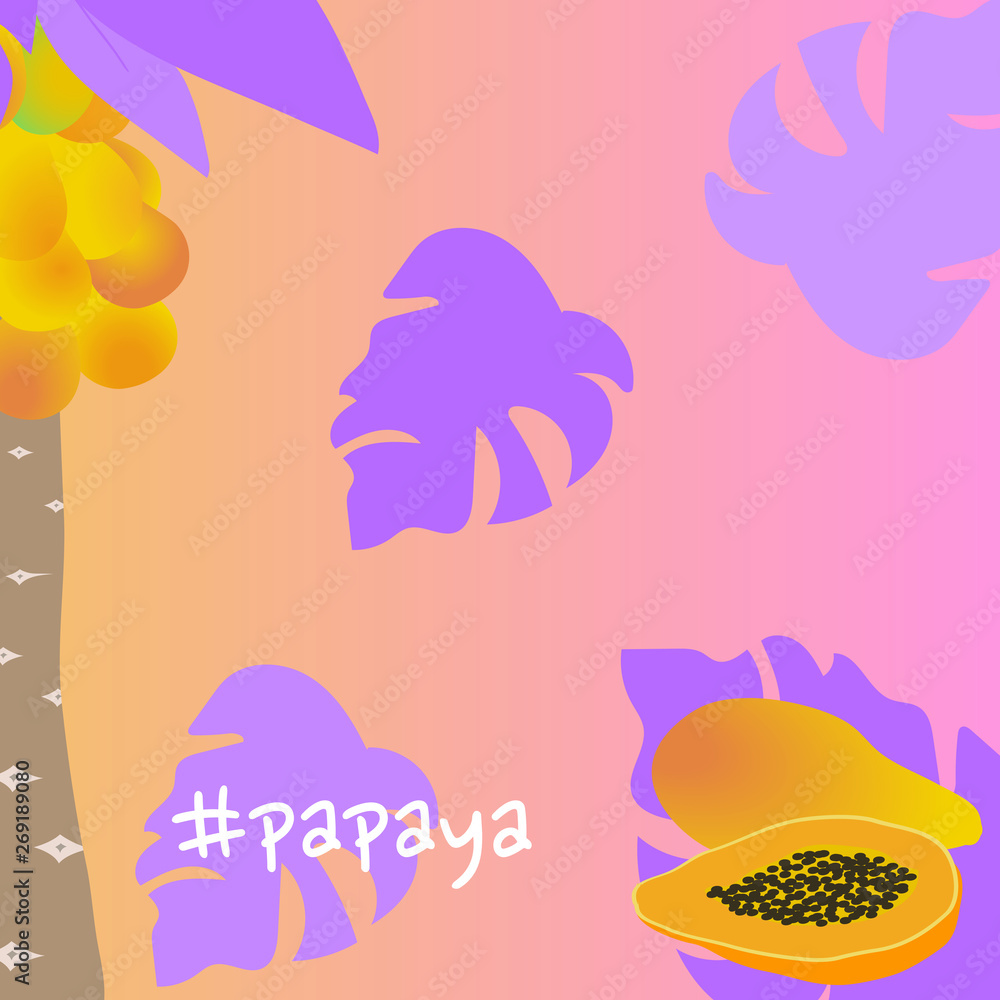Vector food background with papaya and tropical leaves. Backdrop in ...